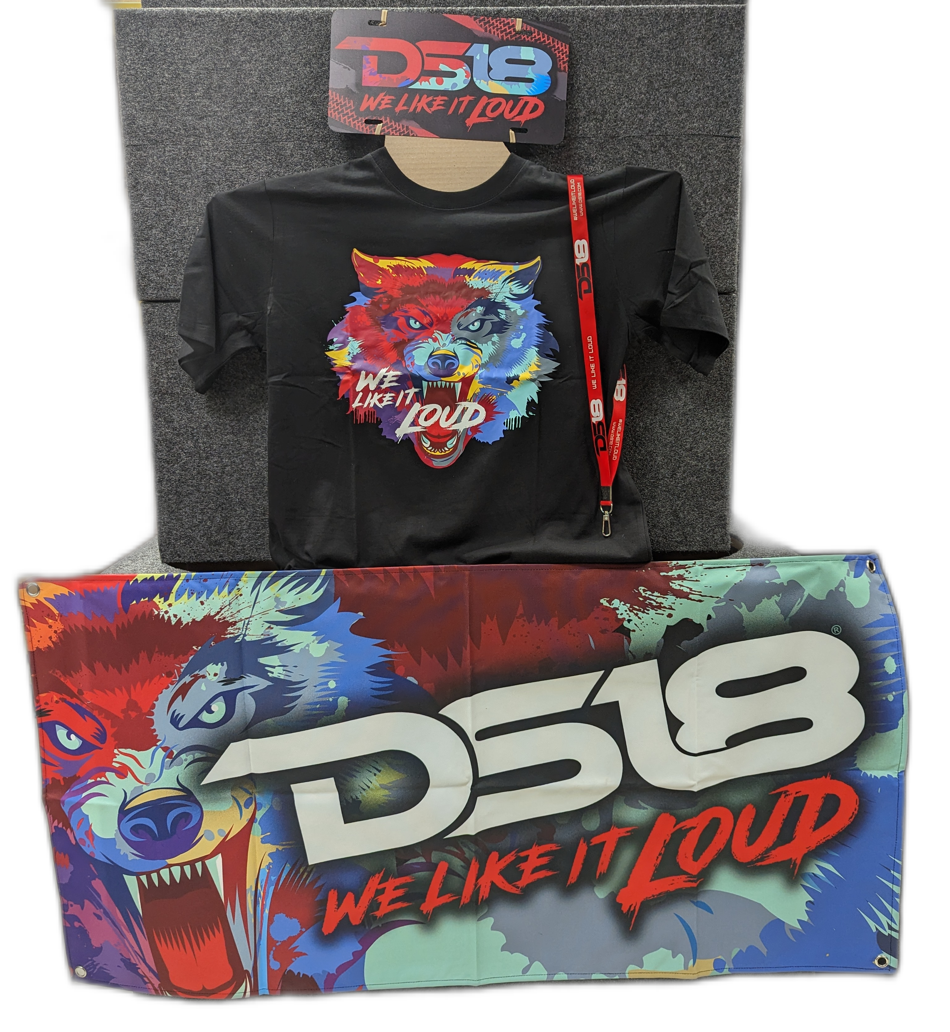 DS18 SWAG- SHIRT,BANNER, LICENSE PLATE, & LANYARD BUNDLE – 12VolTronics.com